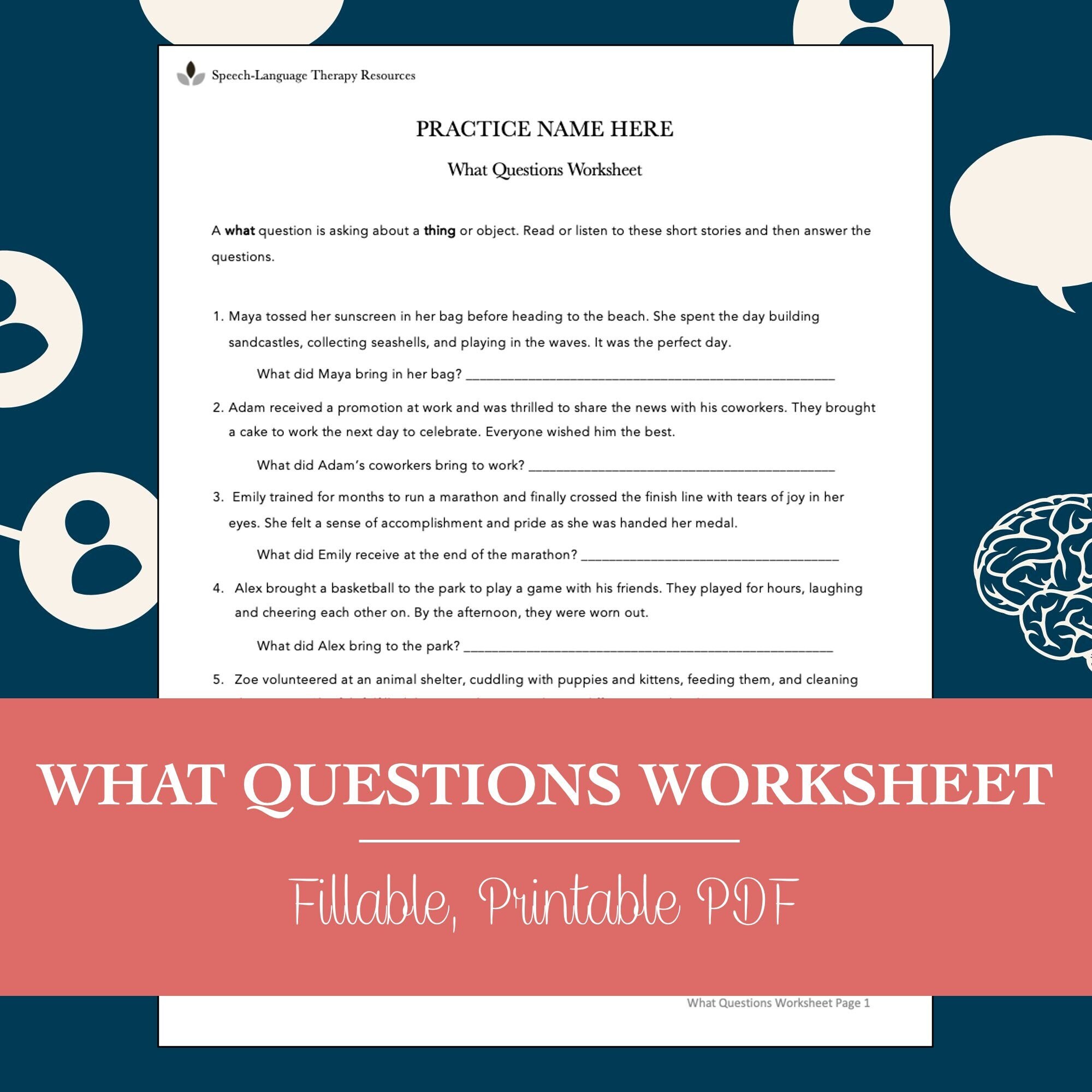 What Questions Worksheet for Speech Therapy editable, Fillable ...