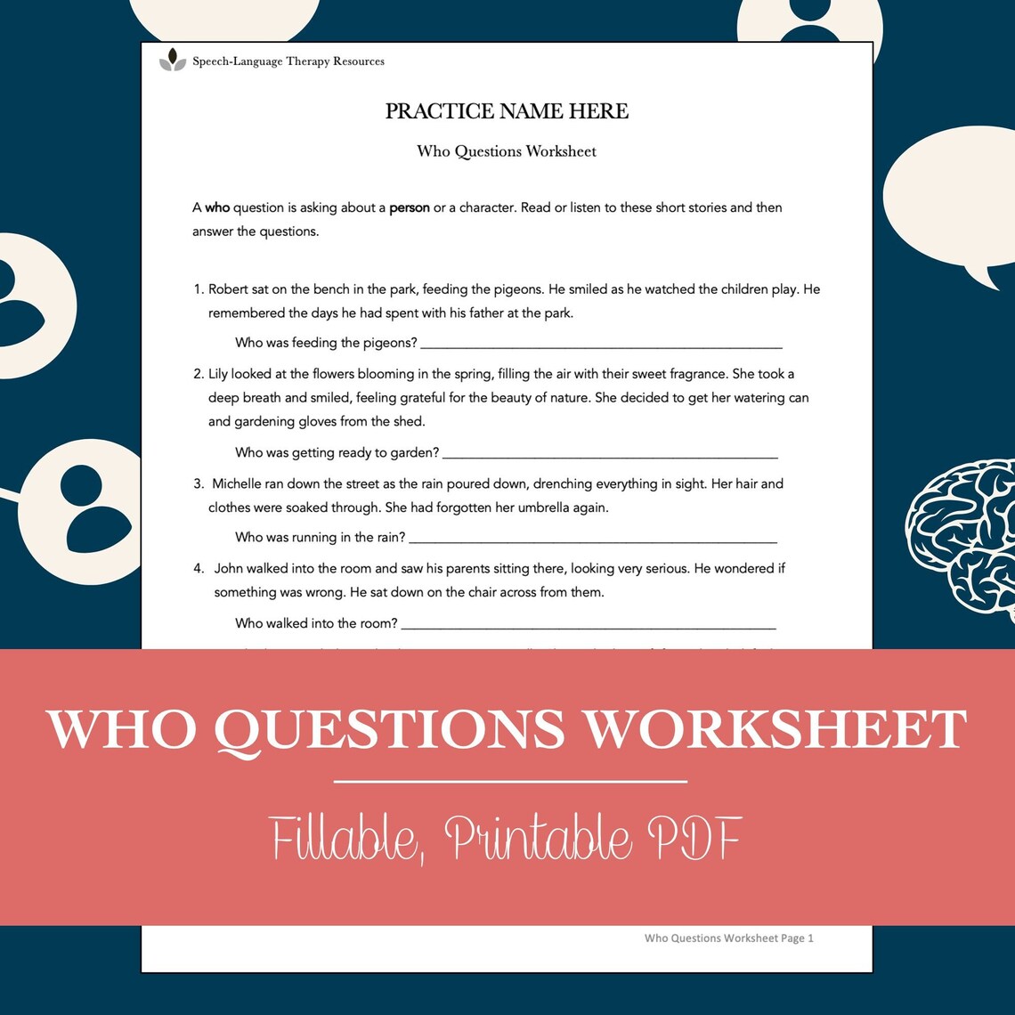 Who Questions Worksheet for Speech Therapy (editable, Fillable ...