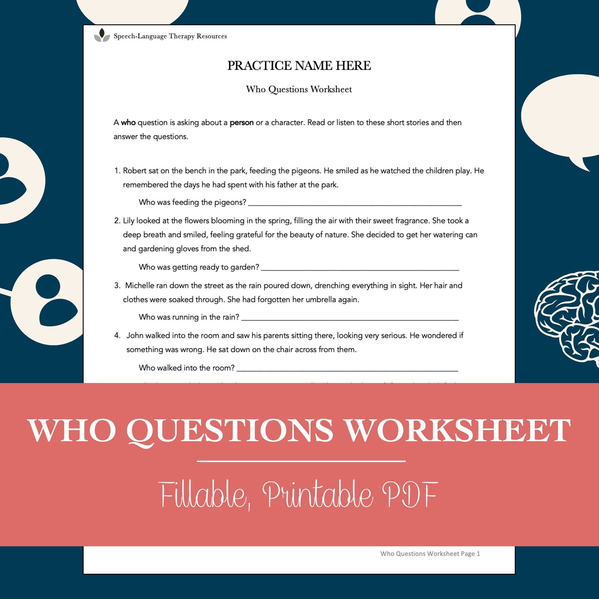 Who Questions Worksheet for Speech Therapy (editable, Fillable ...