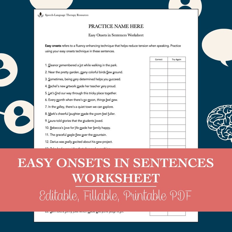 Easy Onsets in Sentences Worksheet for Speech Therapy (editable ...