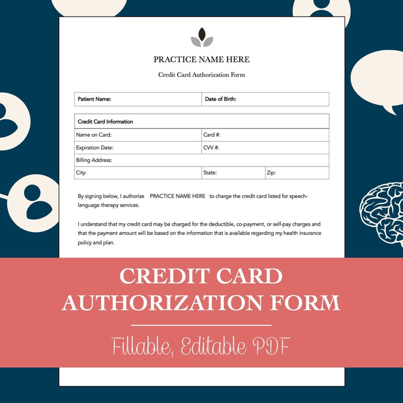 Credit Card Authorization Form for Speech Therapy (editable, Fillable ...