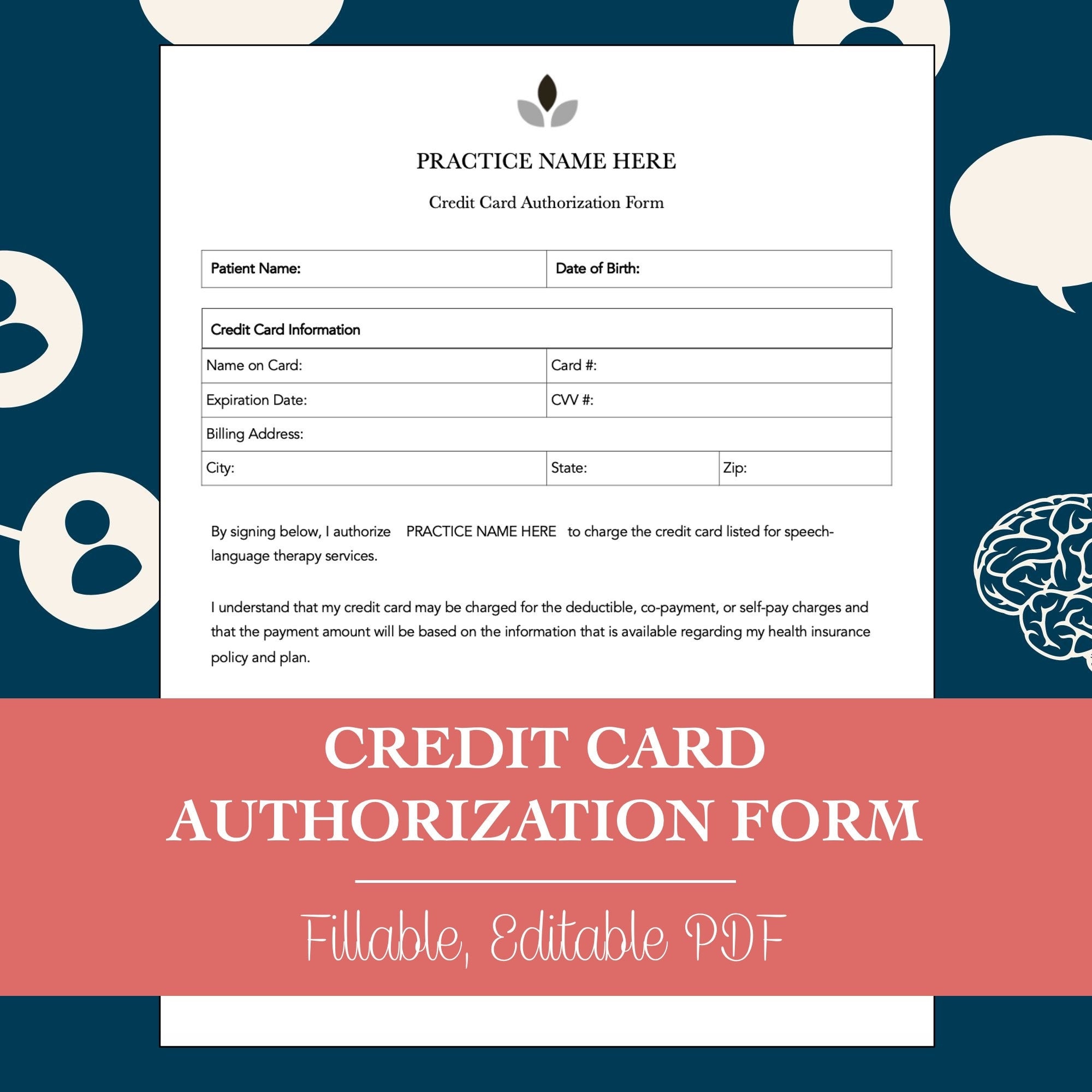 Credit Card Authorization Form for Speech Therapy (editable, Fillable ...