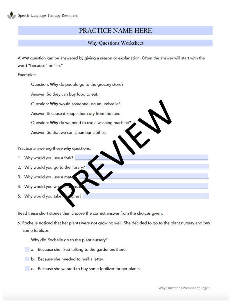 Why Questions Worksheet for Speech Therapy editable - Etsy