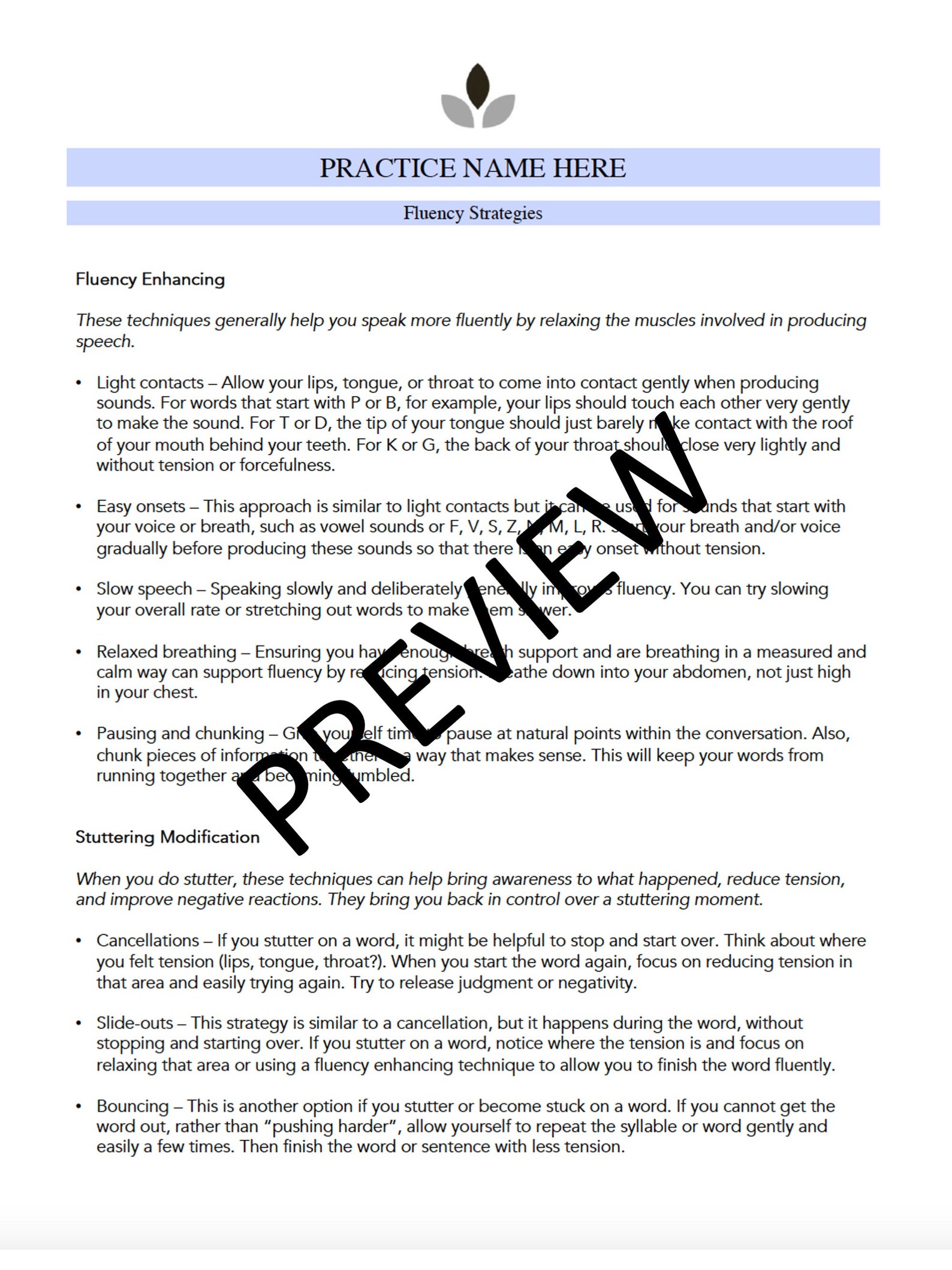 Fluency Strategies Handout Info Sheet for Speech Therapy editable ...
