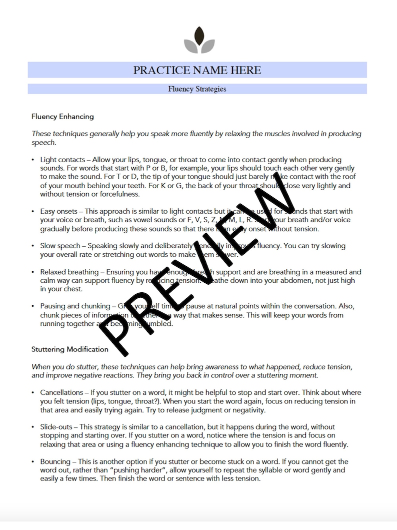 Fluency Strategies Handout Info Sheet for Speech Therapy editable ...