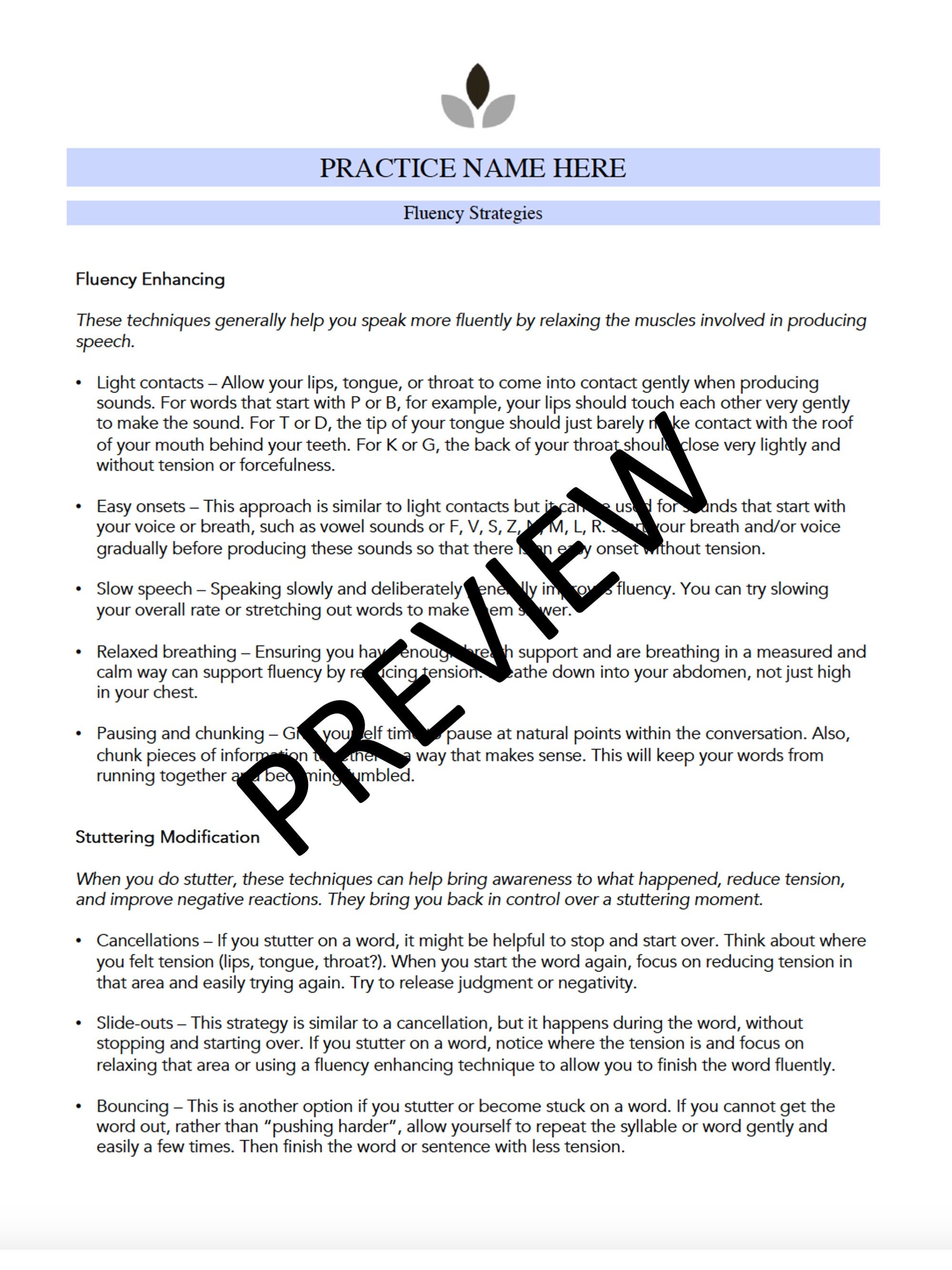 Fluency Strategies Handout Info Sheet for Speech Therapy editable ...