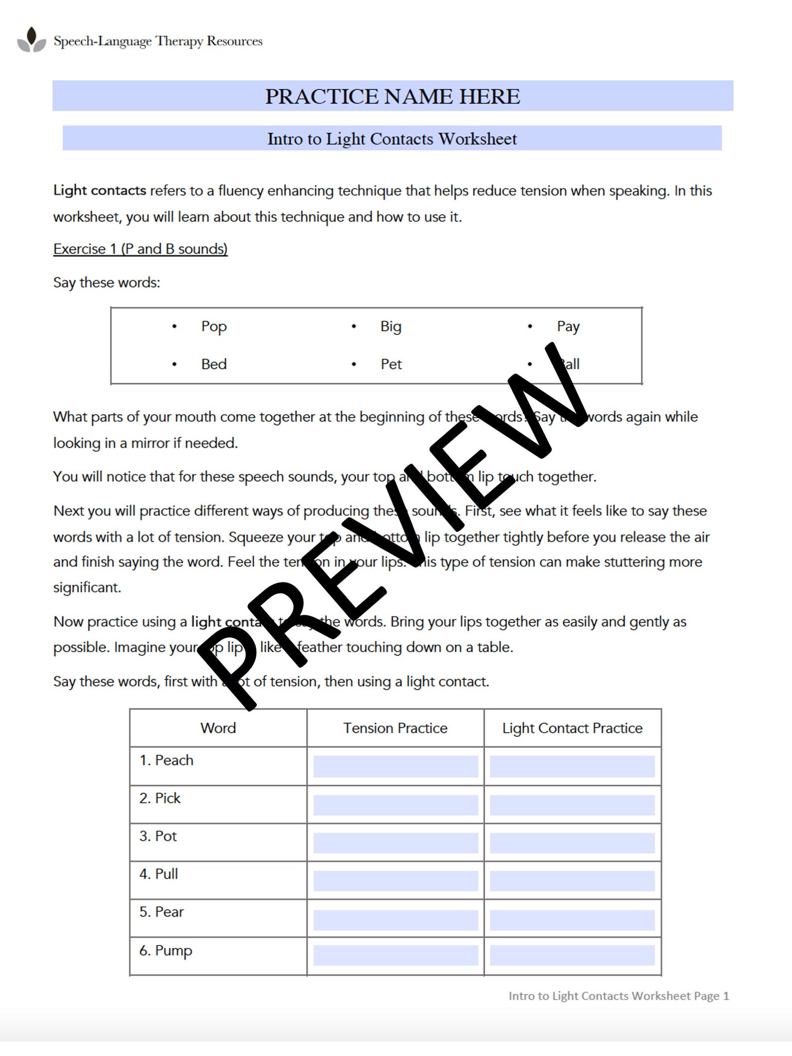 Intro to Light Contacts Worksheet for Speech Therapy (editable ...