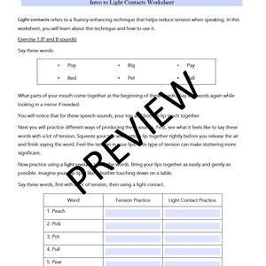 Intro to Light Contacts Worksheet for Speech Therapy (editable ...