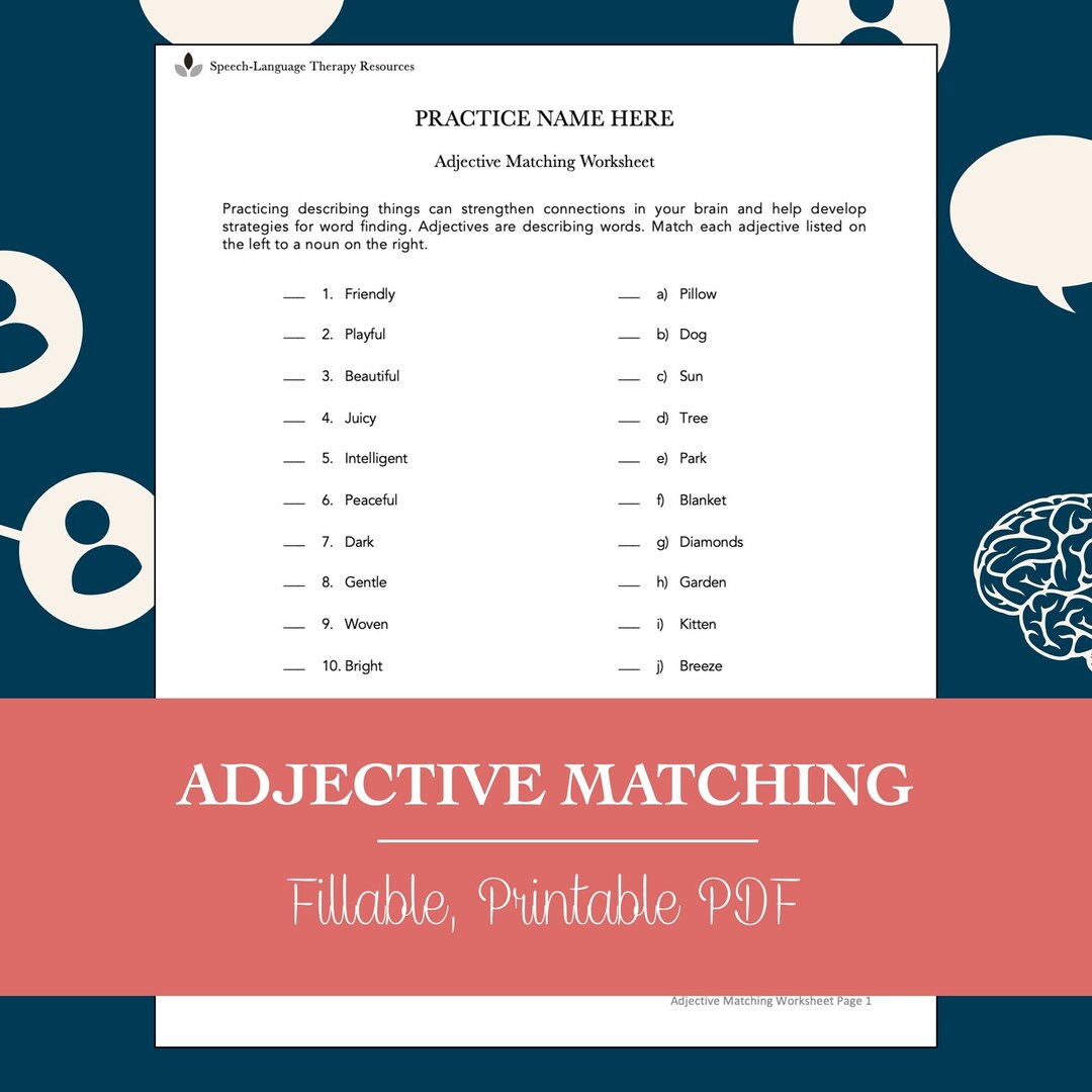 Adjective Matching Worksheet for Speech Therapy (editable, Fillable ...