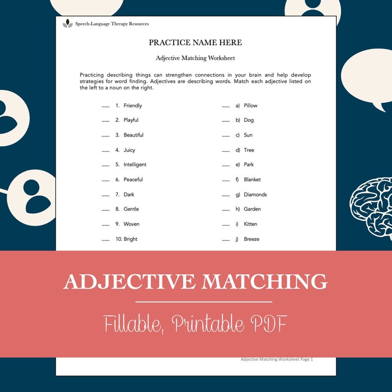 Adjective Matching Worksheet for Speech Therapy (editable, Fillable ...