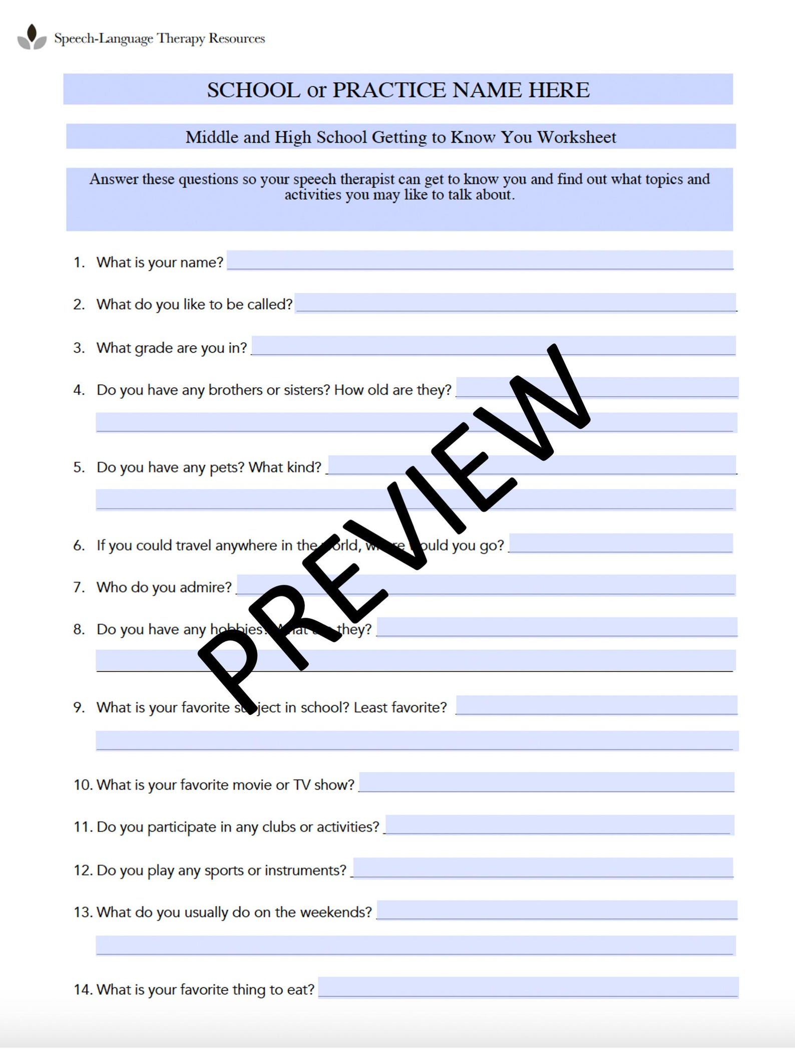 Middle School Getting to Know You Worksheet for Speech Therapy ...