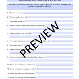 Middle School Getting to Know You Worksheet for Speech Therapy ...