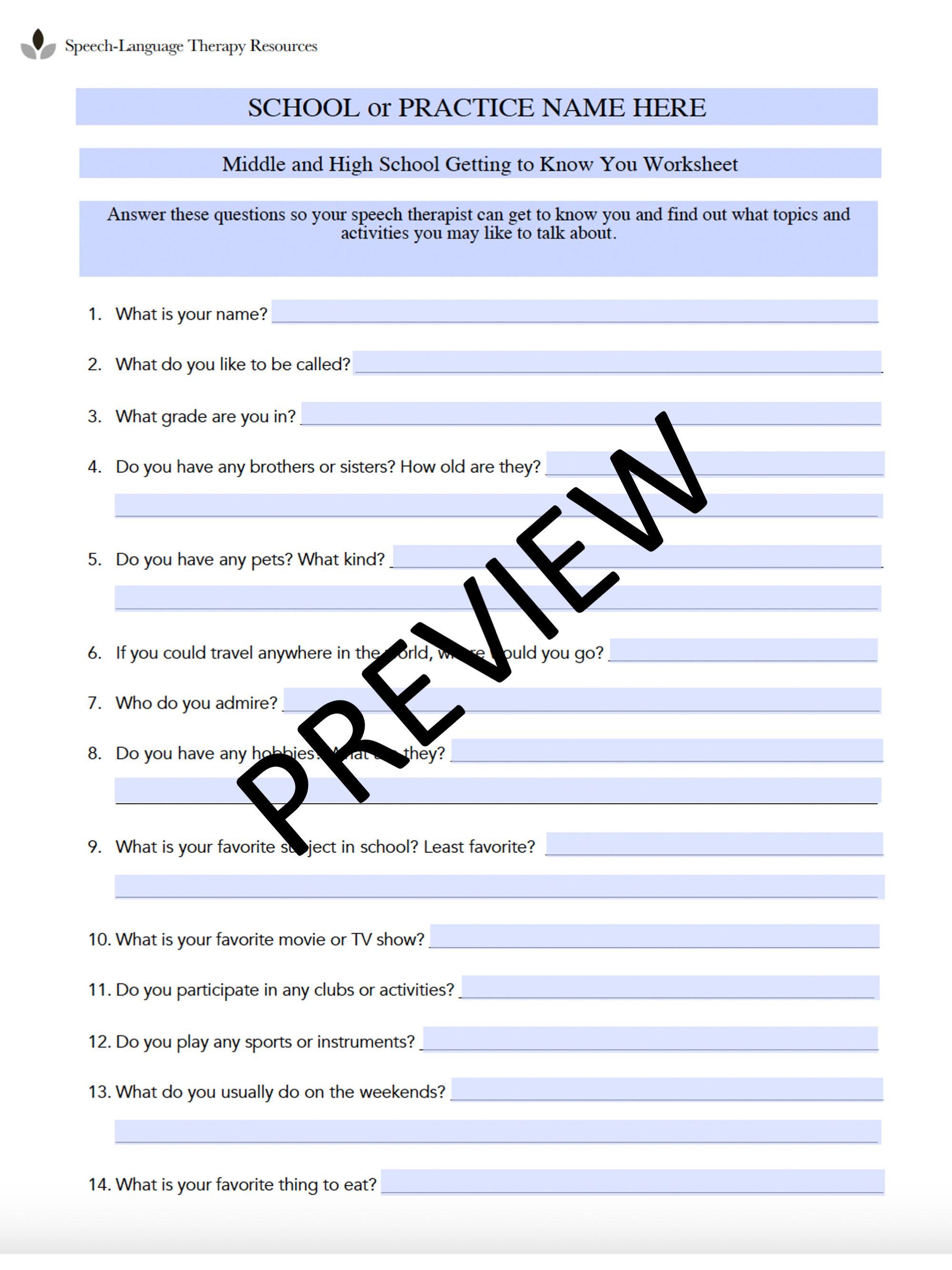 Middle School Getting to Know You Worksheet for Speech Therapy ...