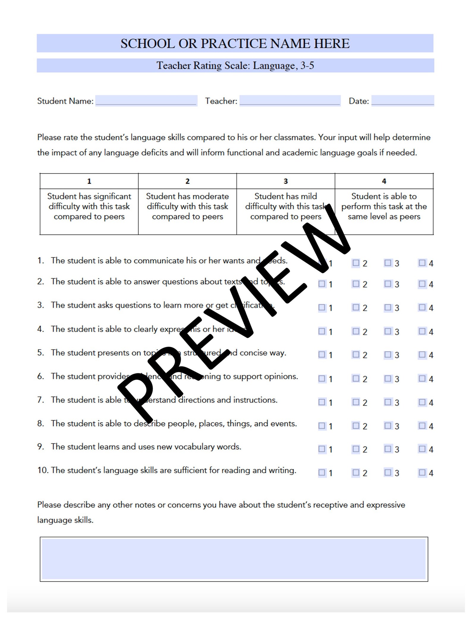 Teacher Rating Scale: Language, Grades 3-5 Worksheet for Speech Therapy ...