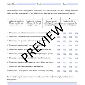 Teacher Rating Scale: Language, Grades 3-5 Worksheet for Speech Therapy ...