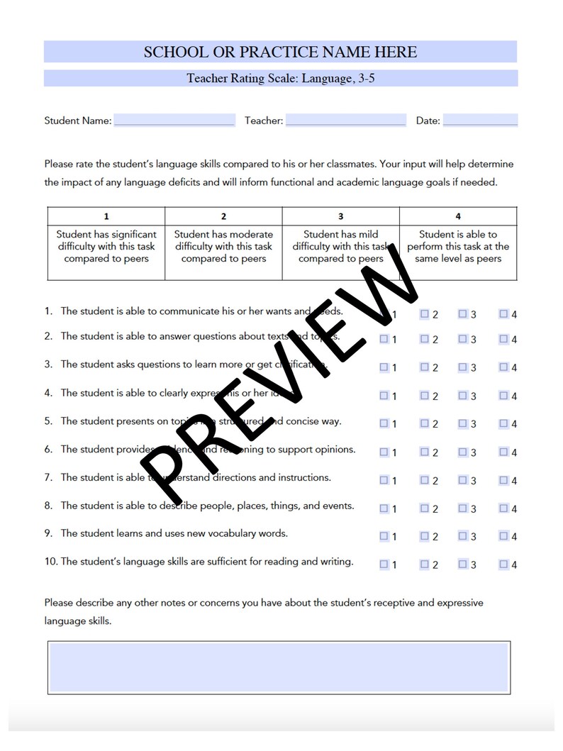 Teacher Rating Scale: Language, Grades 3-5 Worksheet for Speech Therapy ...
