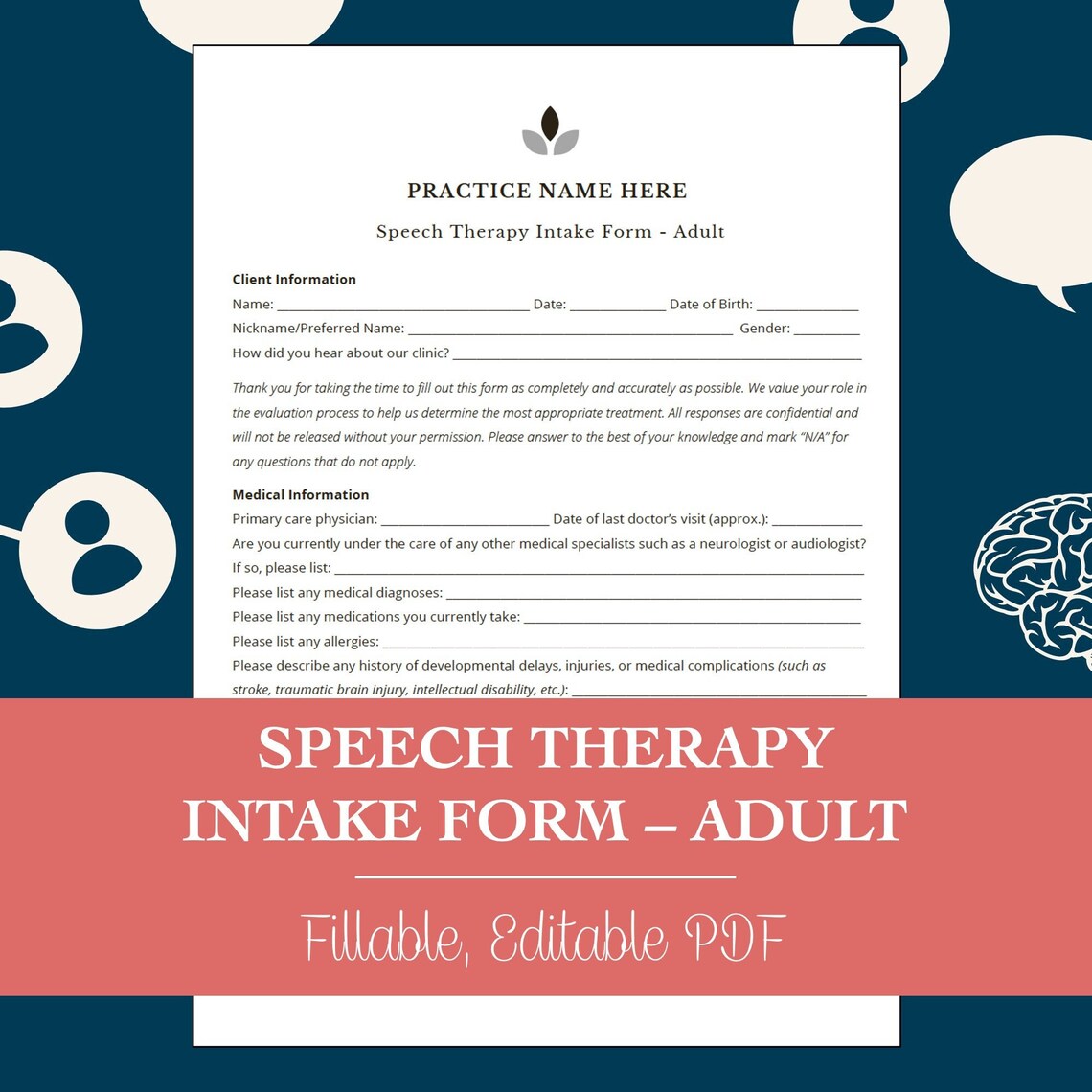 Speech Therapy Intake Form for Adults (editable, Fillable, Printable ...