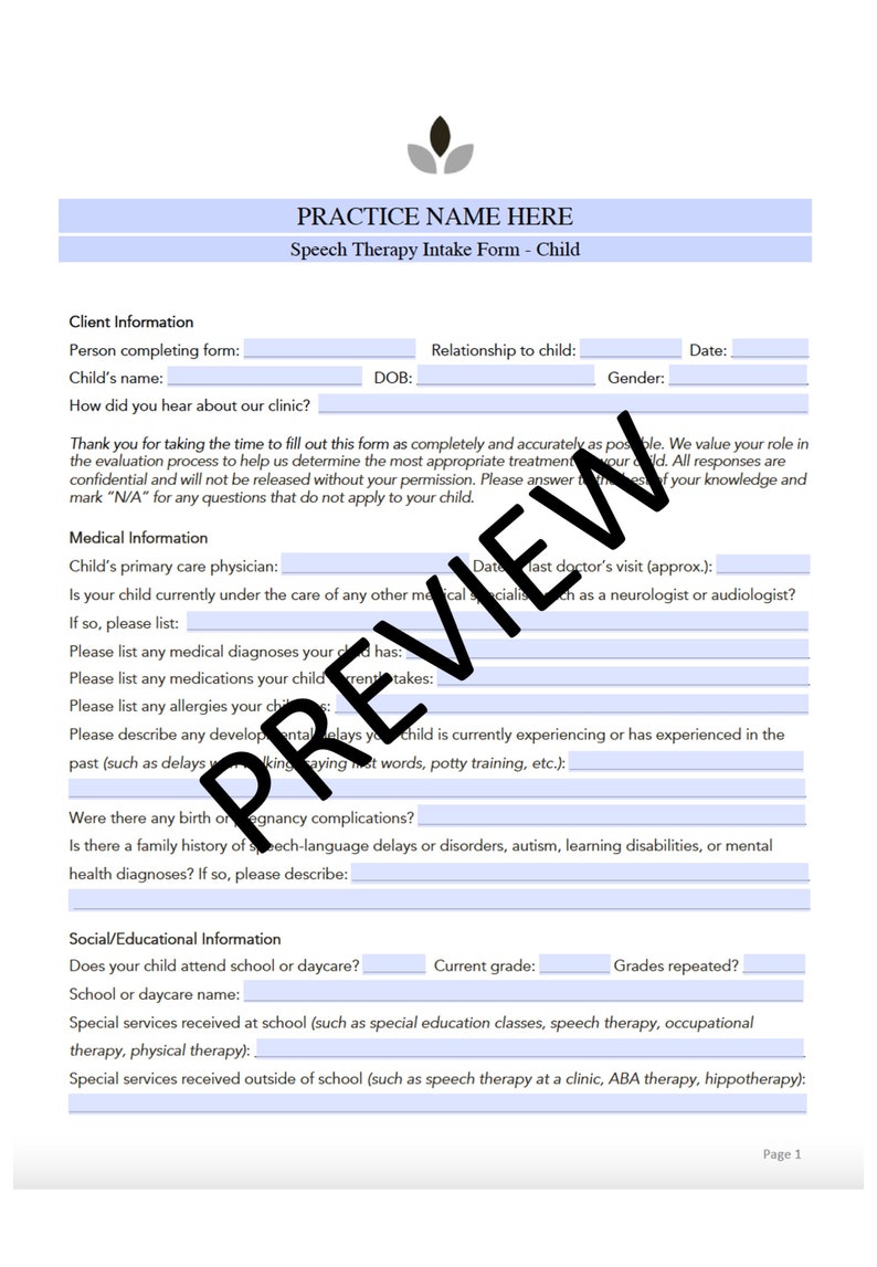 Speech Therapy Intake Form for Children editable Fillable - Etsy