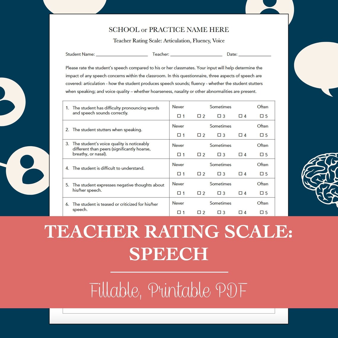 Teacher Rating Scale: Speech Worksheet for Speech Therapy (editable ...