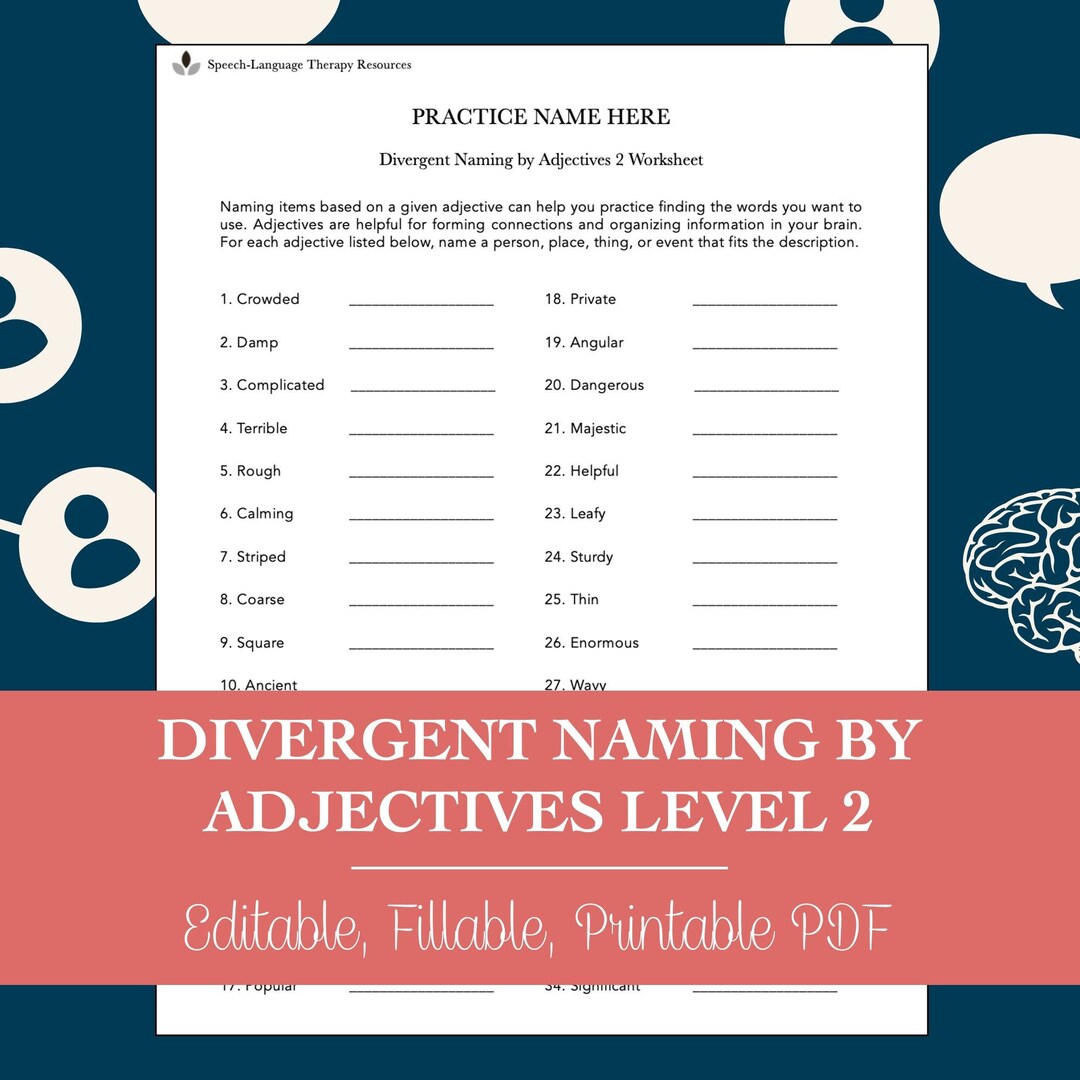 Divergent Naming by Adjectives Worksheet (level 2) for Speech Therapy ...