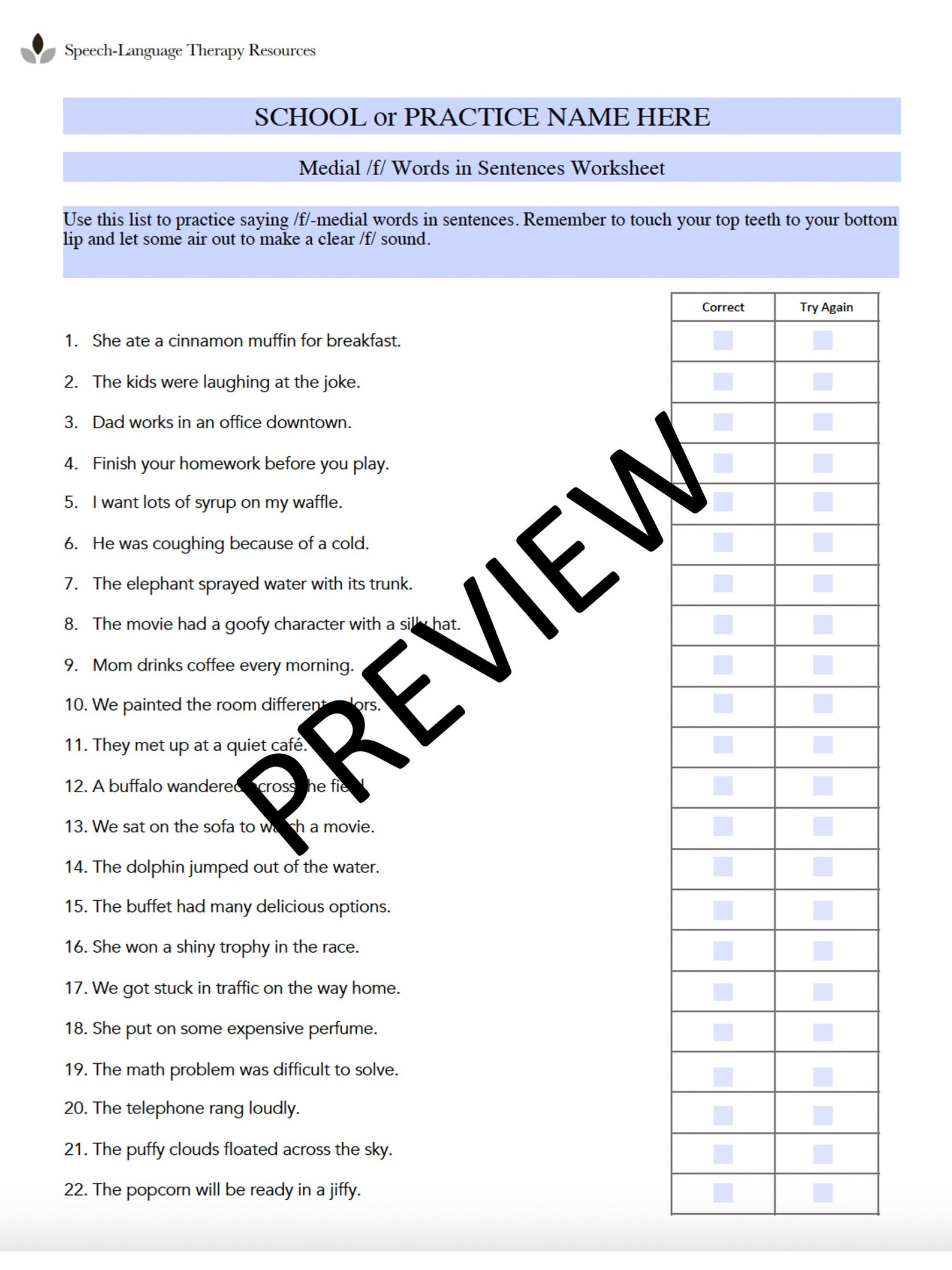 Medial /F/ Words in Sentences Worksheet for Speech Therapy (printable ...