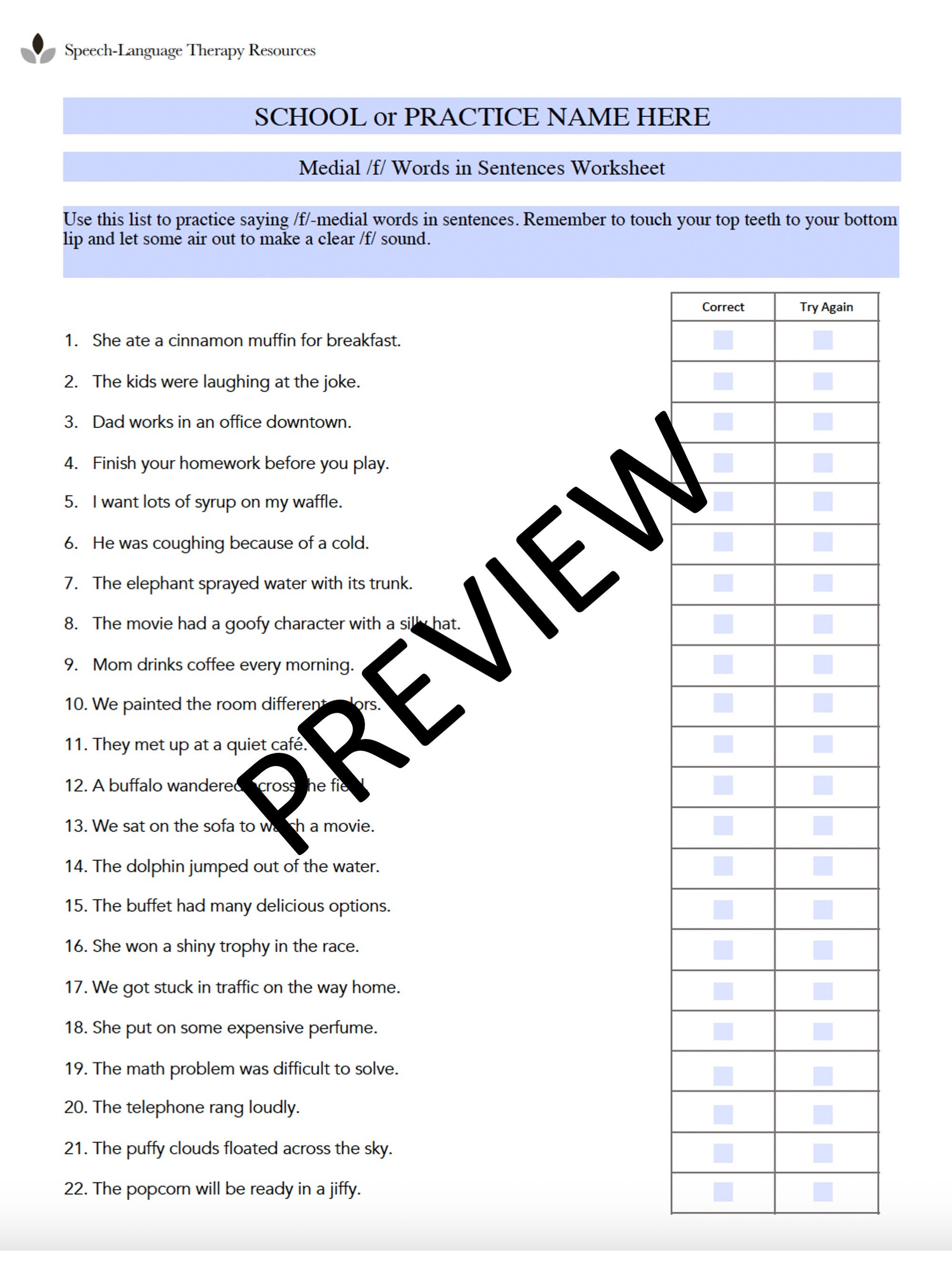 Medial /F/ Words in Sentences Worksheet for Speech Therapy (printable ...