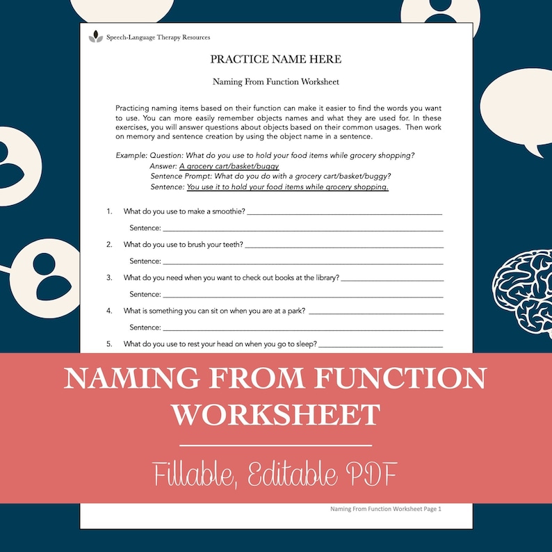 Naming From Function Worksheet for Aphasia for Speech Therapy (editable ...