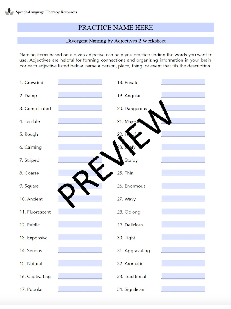 Divergent Naming by Adjectives Worksheet level 2 for Speech Therapy ...