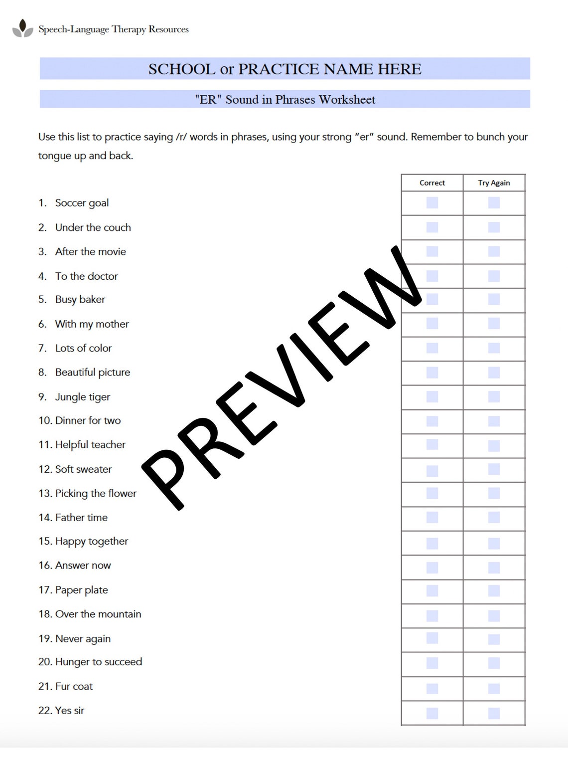Final /R/ Words “ER” Phrases Worksheet for Speech Therapy (editable ...