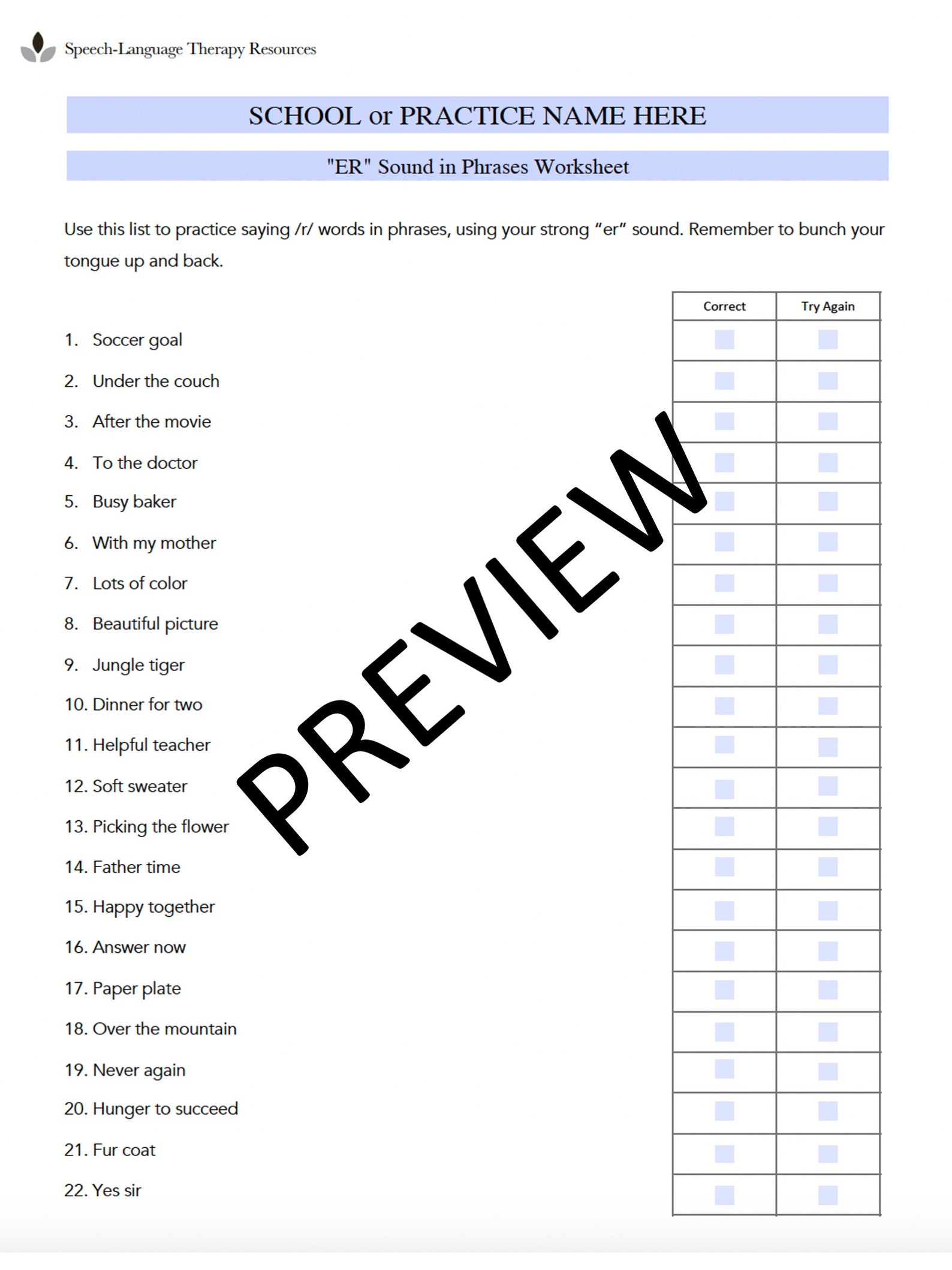Final /R/ Words “ER” Phrases Worksheet for Speech Therapy (editable ...