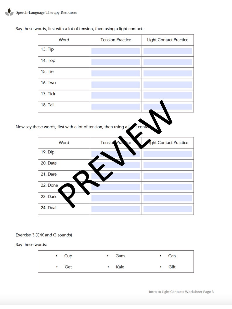 Intro to Light Contacts Worksheet for Speech Therapy (editable ...