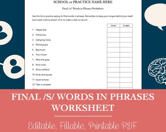 Initial /s/ Words in Phrases Worksheet for Speech Therapy | Printable ...