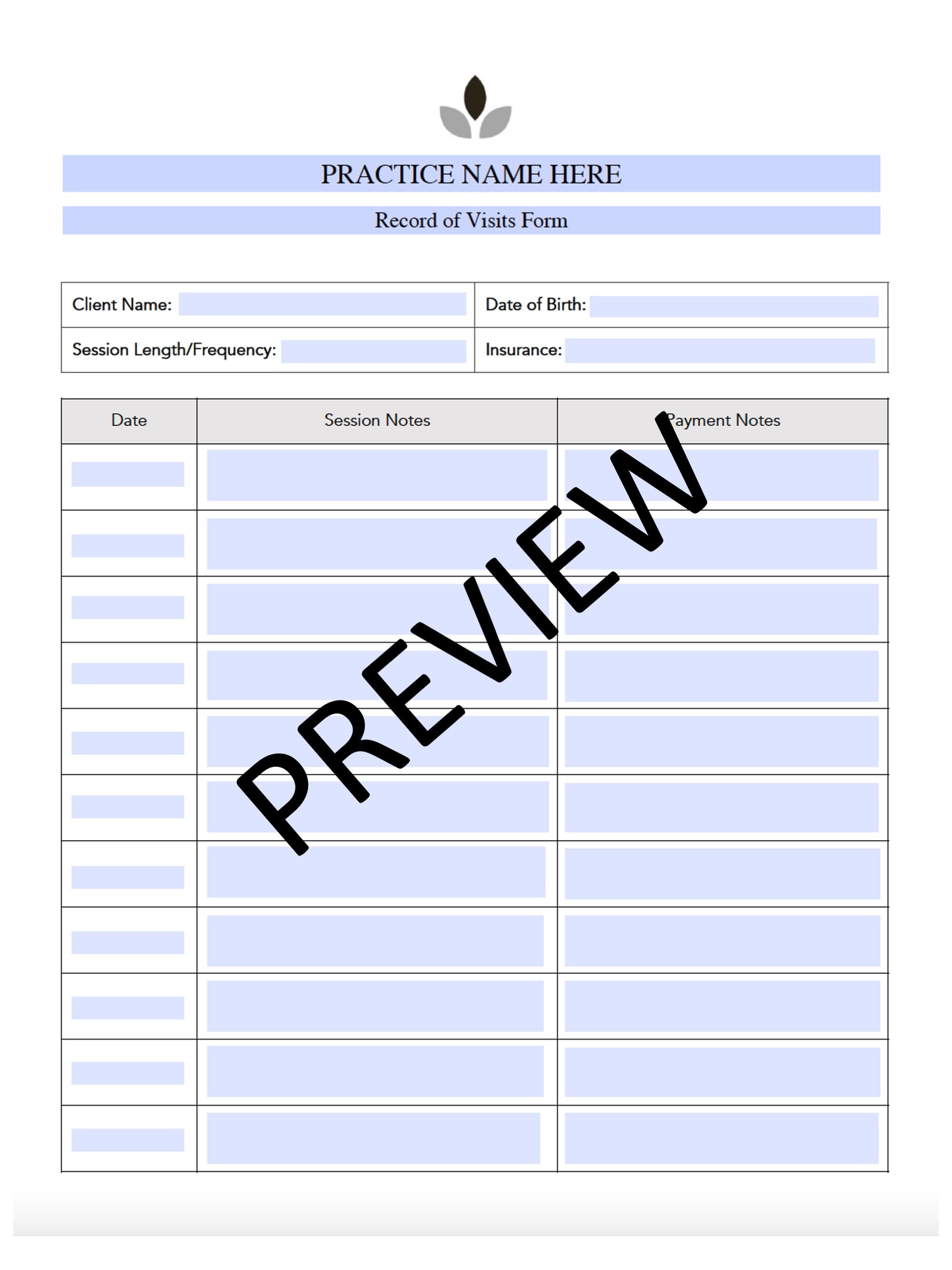 Record of Visits Form for Speech Therapy (editable, Fillable, Printable ...