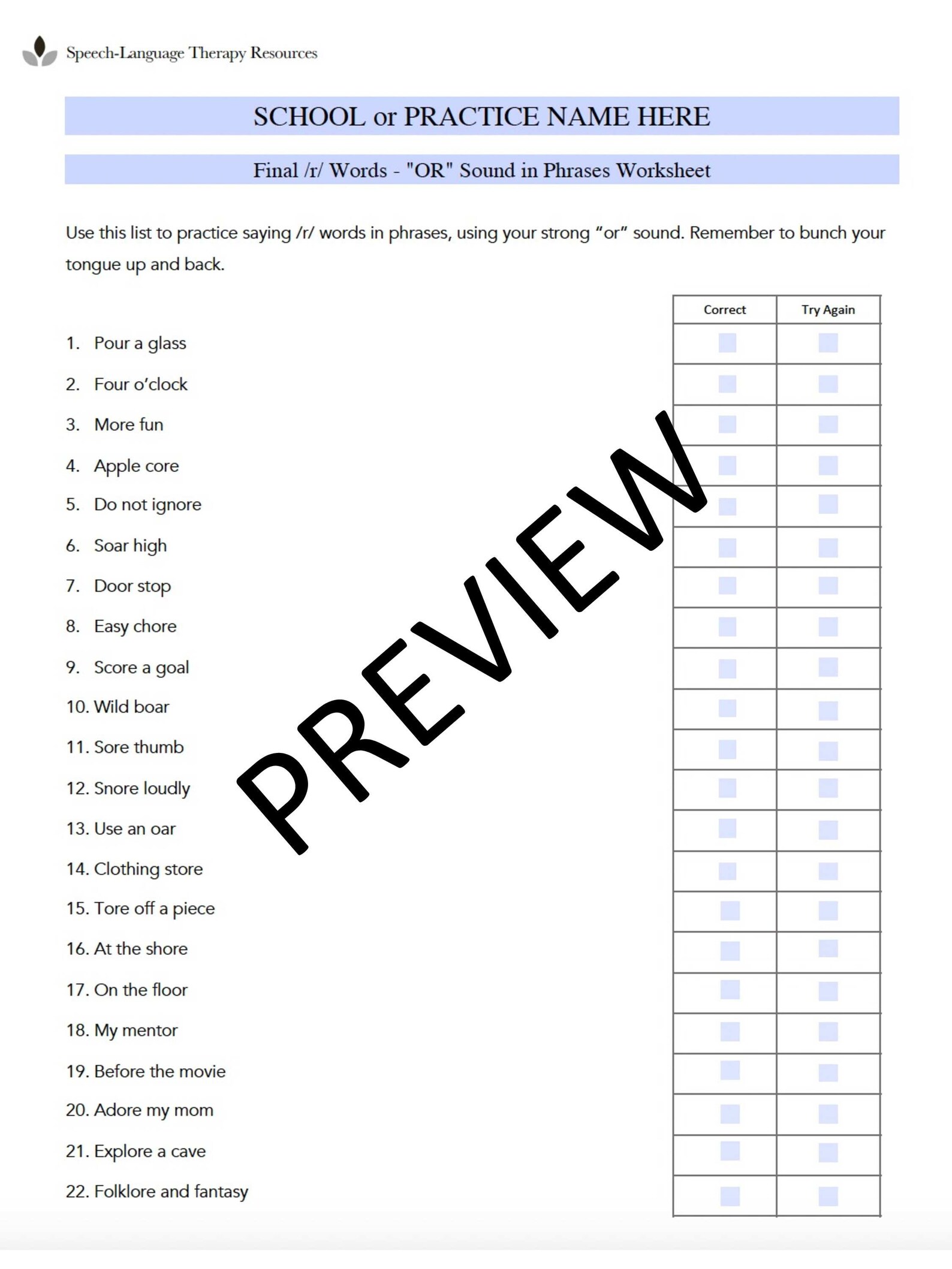 Final /R/ Words “OR” Phrases Worksheet for Speech Therapy (editable ...