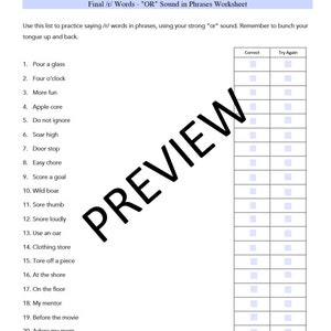 Final /R/ Words “OR” Phrases Worksheet for Speech Therapy (editable ...