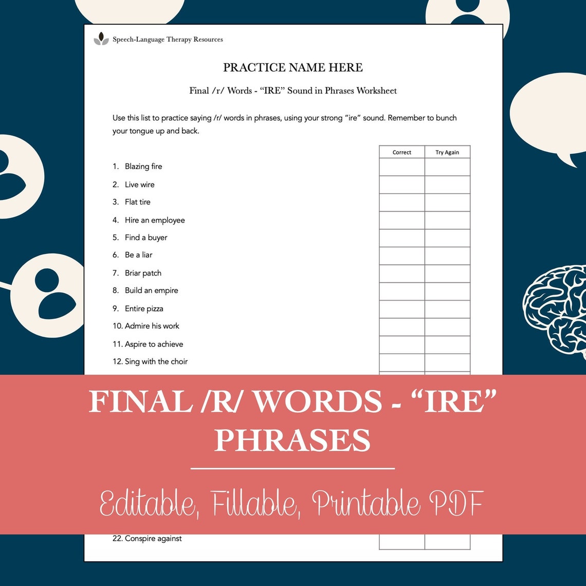 Final /R/ Words IRE Phrases Worksheet for Speech Therapy editable ...