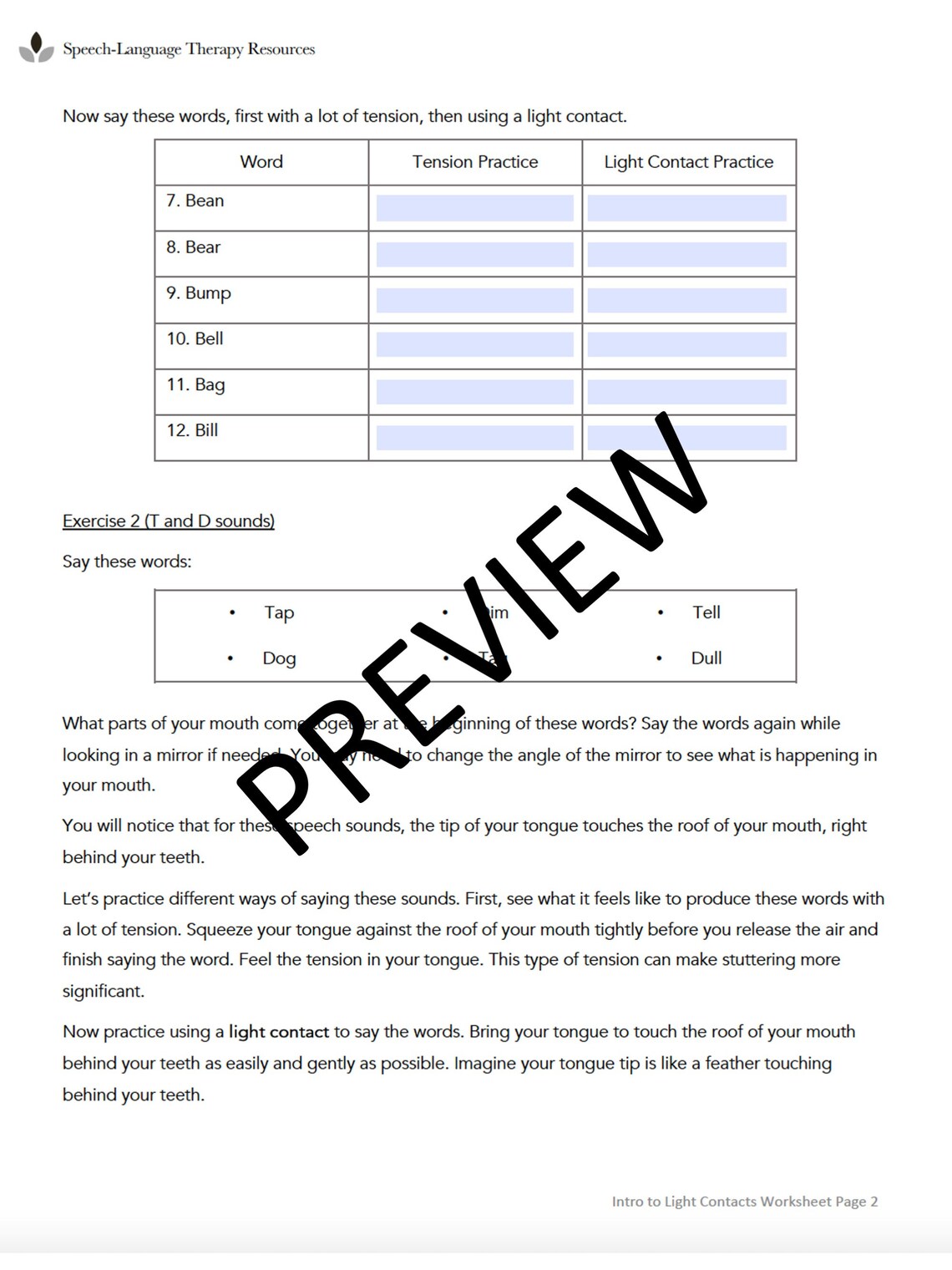 Intro to Light Contacts Worksheet for Speech Therapy (editable ...