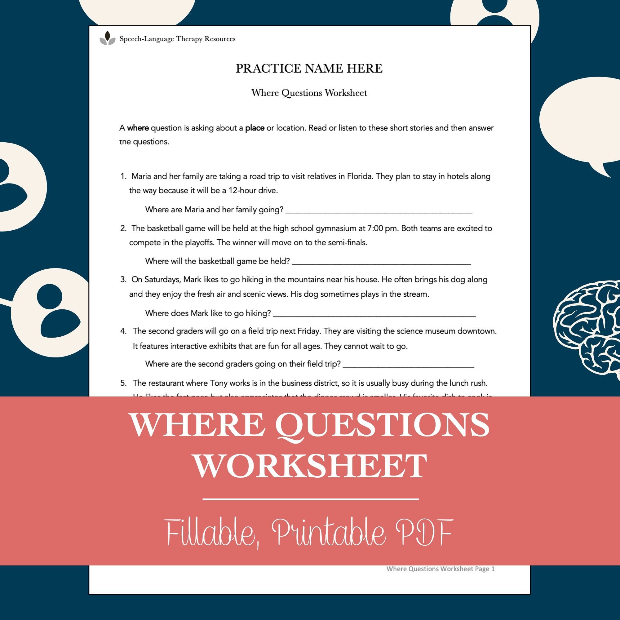 Where Questions Worksheet for Speech Therapy (editable, Fillable ...