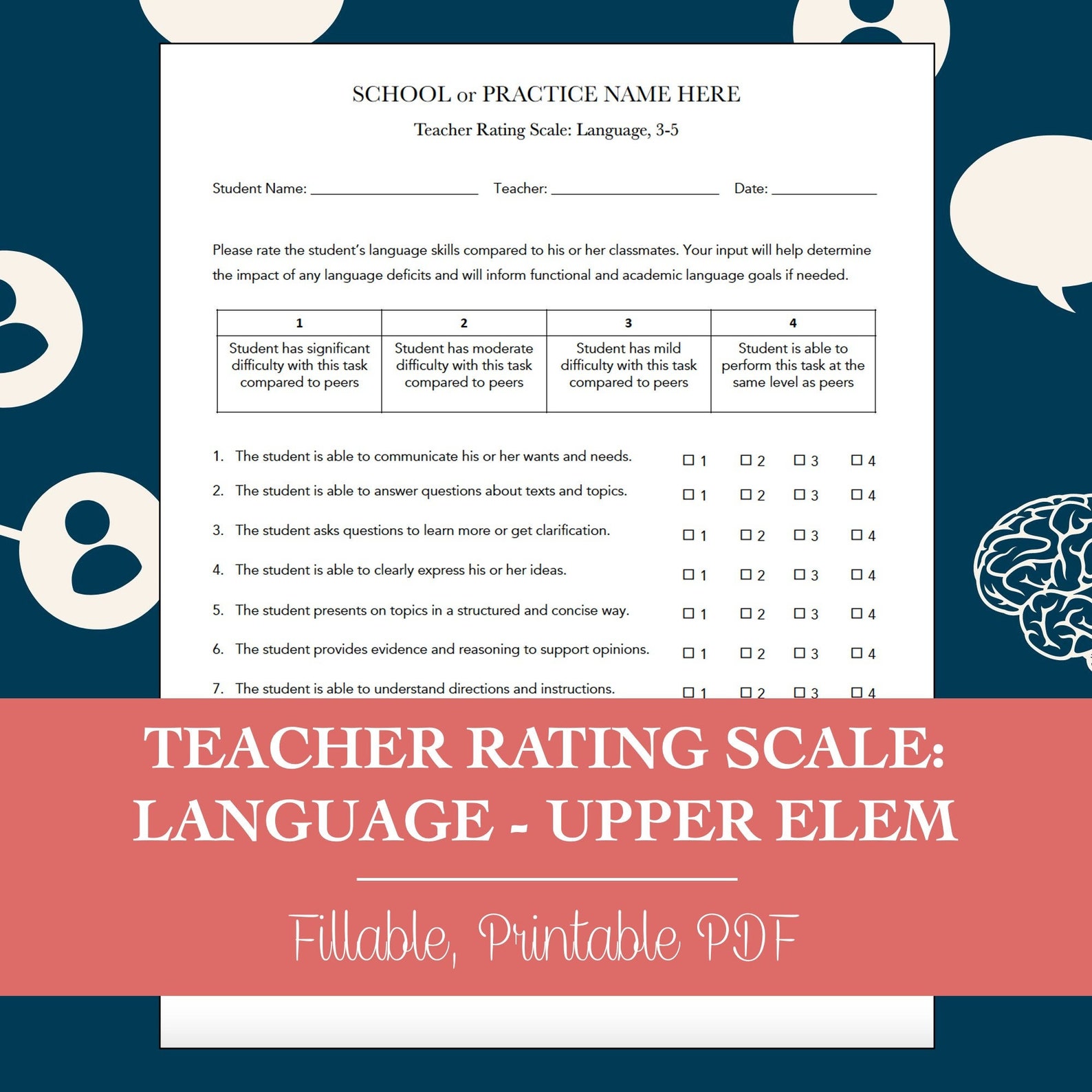 Teacher Rating Scale: Language Grades 3-5 Worksheet for - Etsy