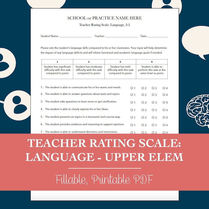 Teacher Rating Scale: Language, Grades 3-5 Worksheet for Speech Therapy ...