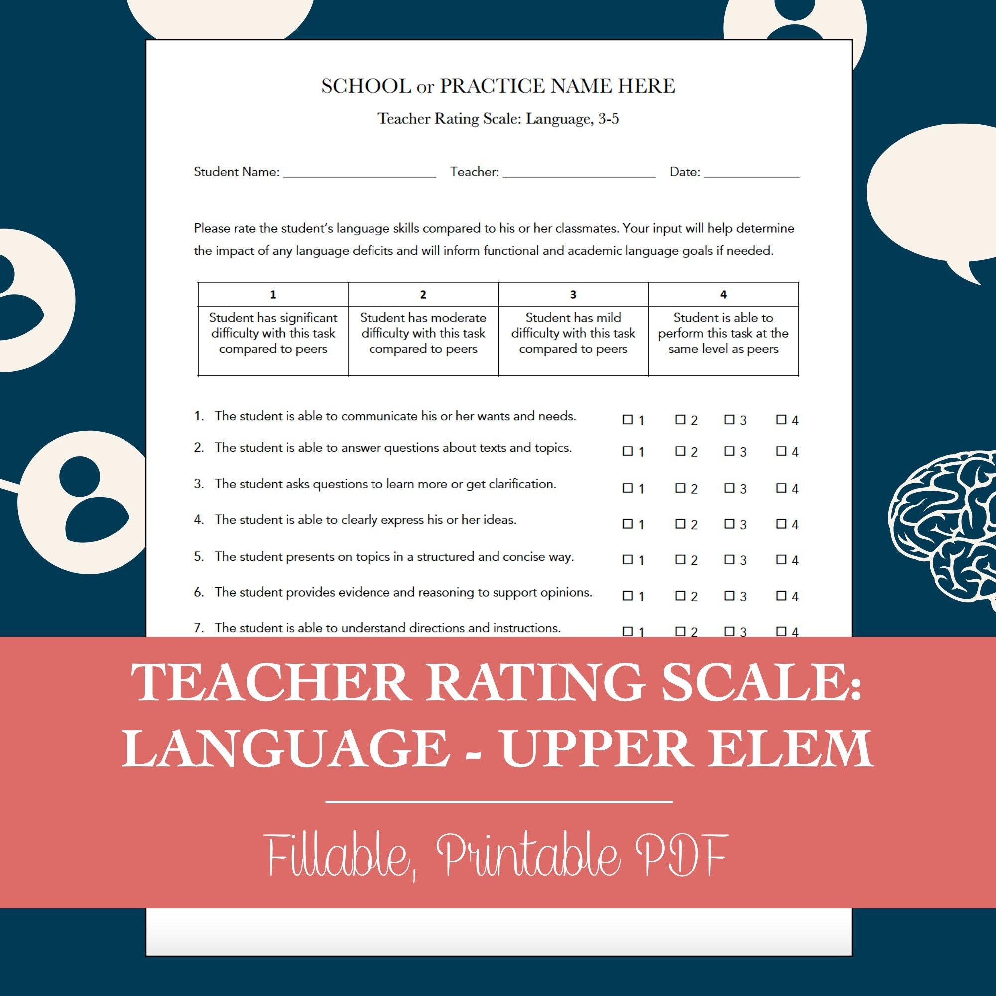 Teacher Rating Scale: Language, Grades 3-5 Worksheet for Speech Therapy ...