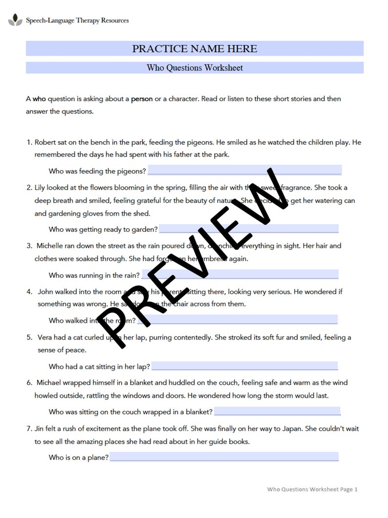 Who Questions Worksheet for Speech Therapy (editable, Fillable ...