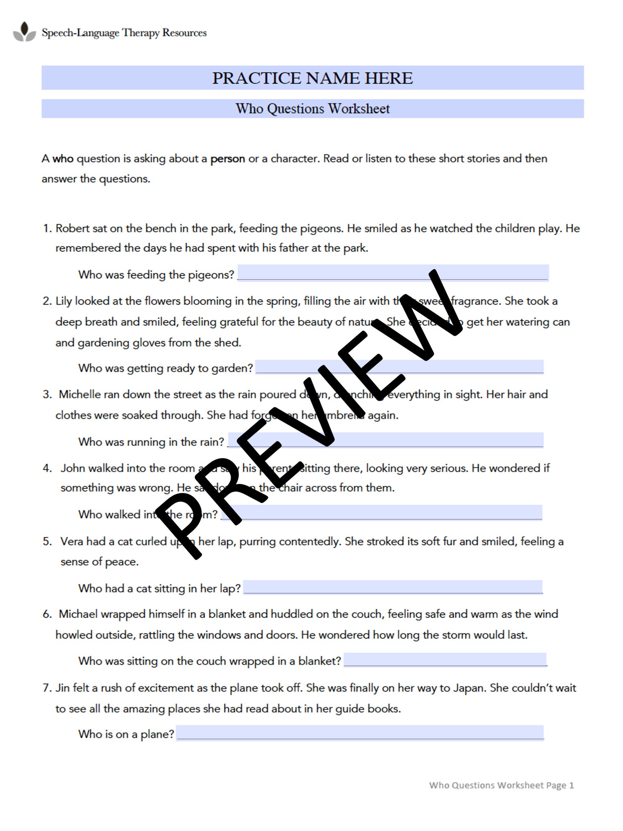 Who Questions Worksheet for Speech Therapy (editable, Fillable ...