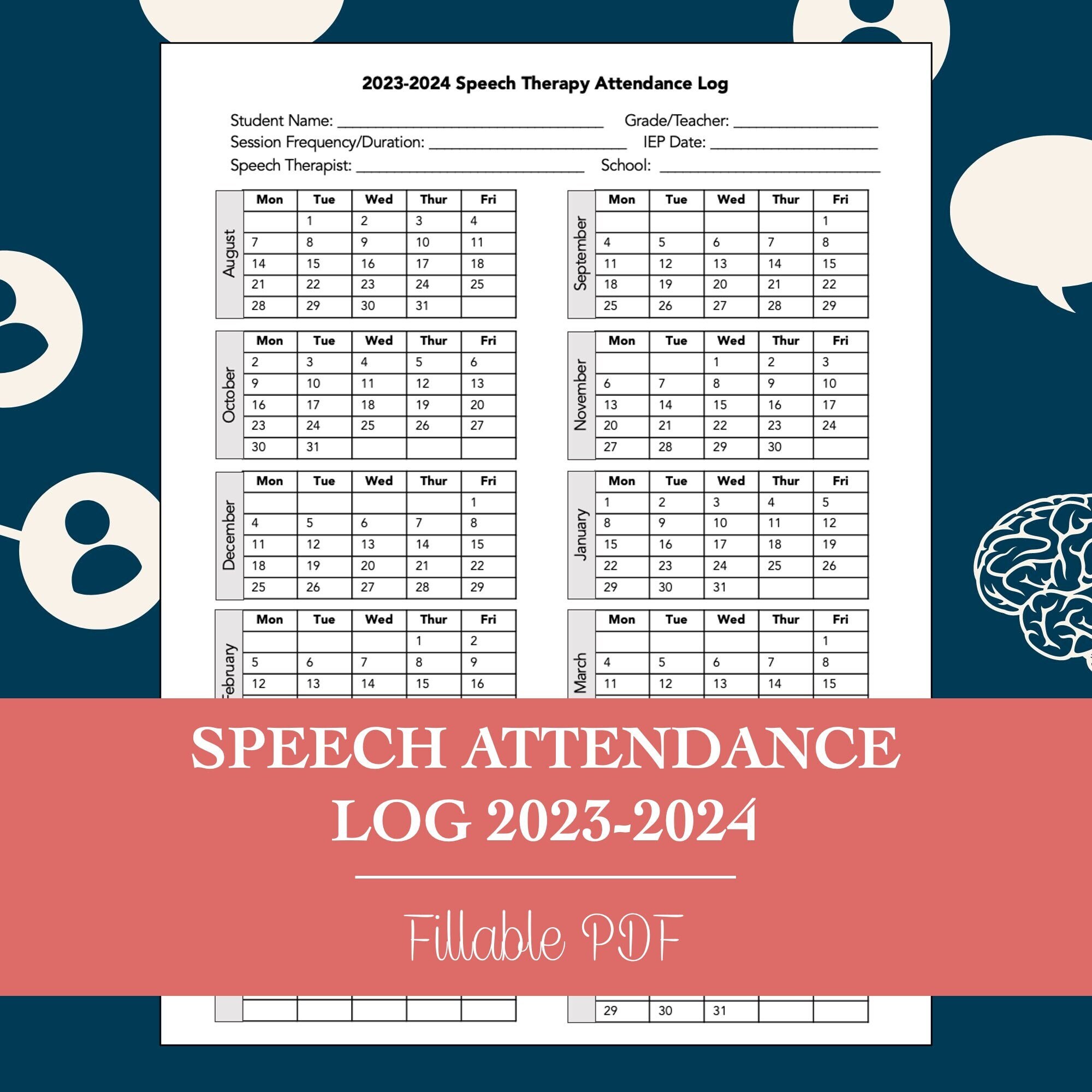 Speech Therapy Attendance Log 2023-2024 School Year Worksheet for ...