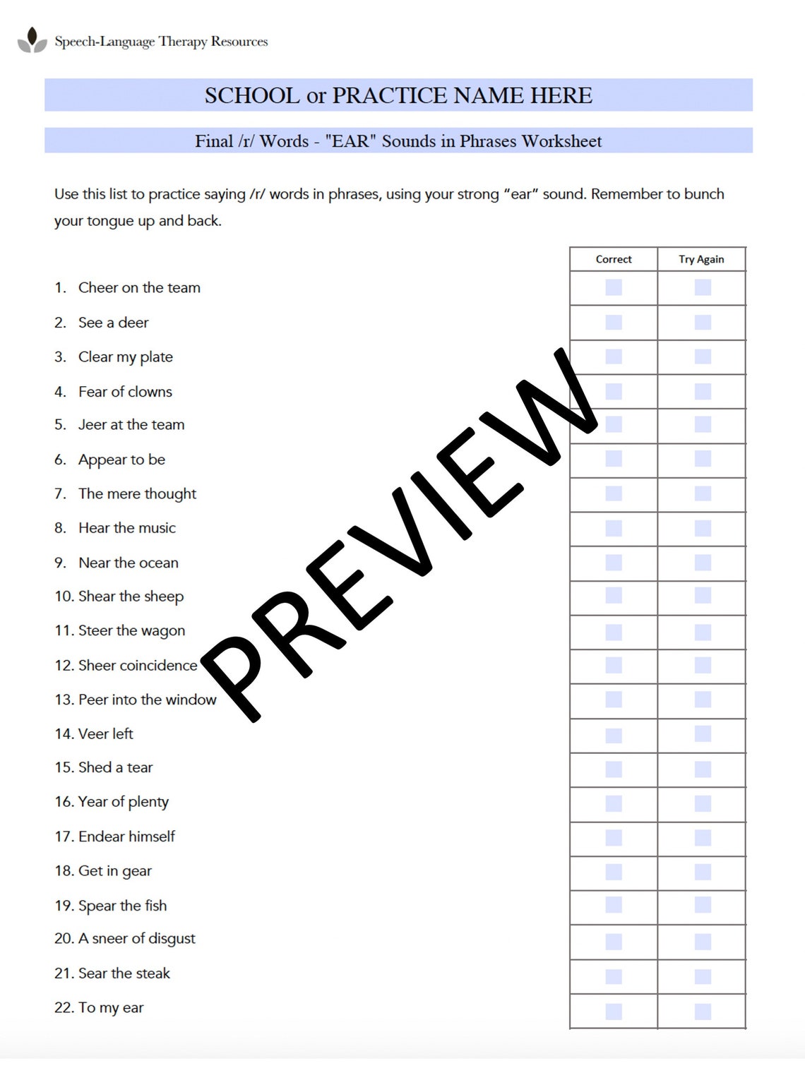 Final /R/ Words “EAR” Phrases Worksheet for Speech Therapy (editable ...