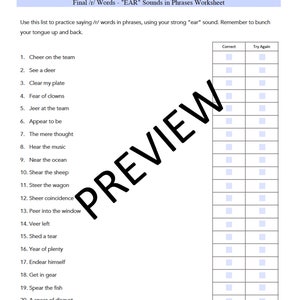 Final /R/ Words “EAR” Phrases Worksheet for Speech Therapy (editable ...