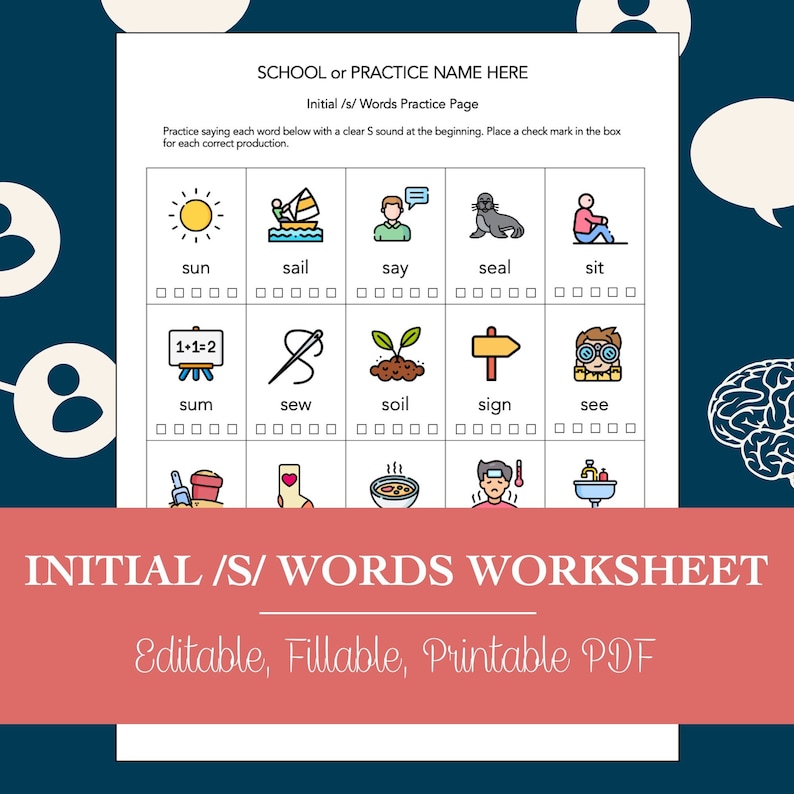 Initial /S/ Words in Pictures Worksheet for Speech Therapy editable ...