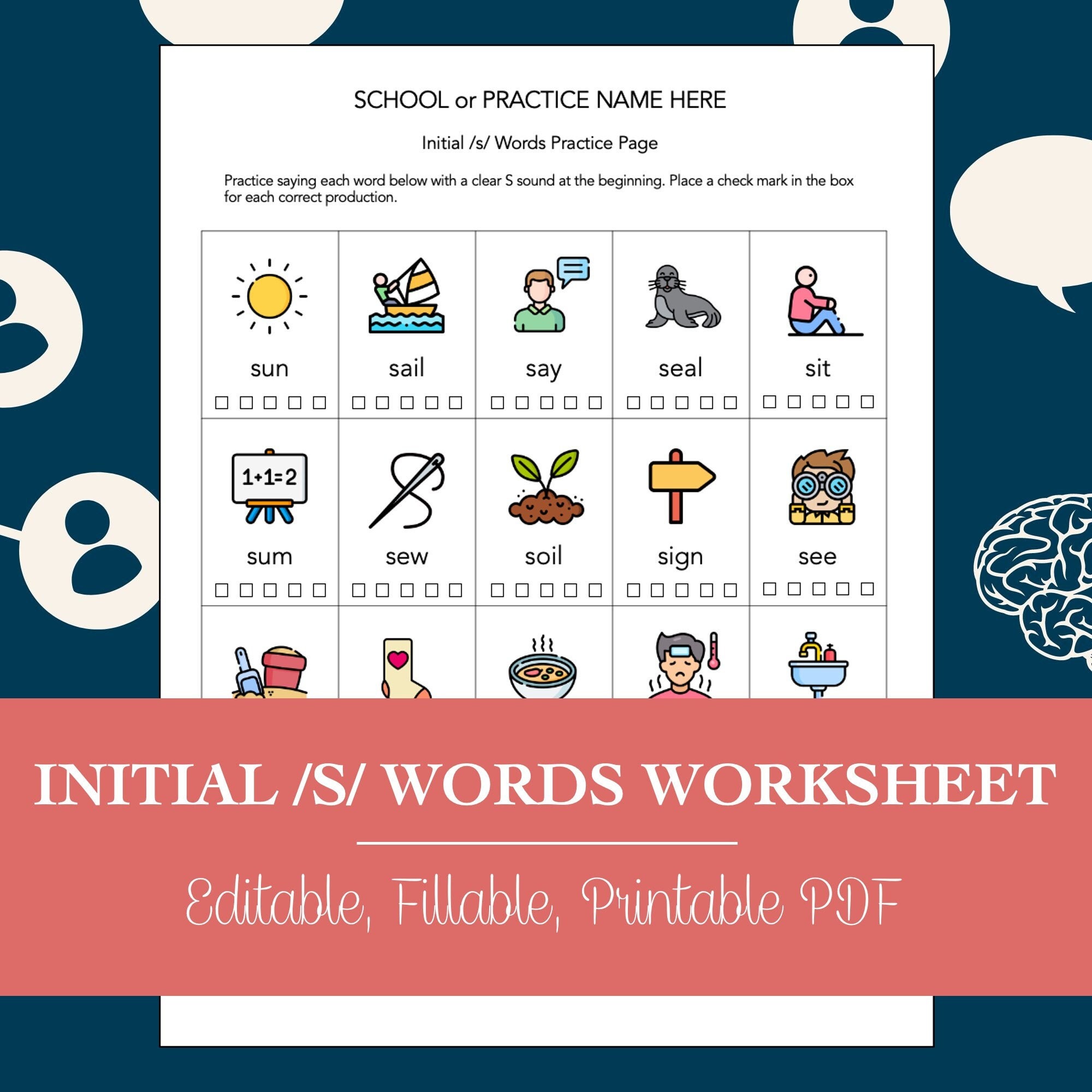 Initial /S/ Words in Pictures Worksheet for Speech Therapy editable ...