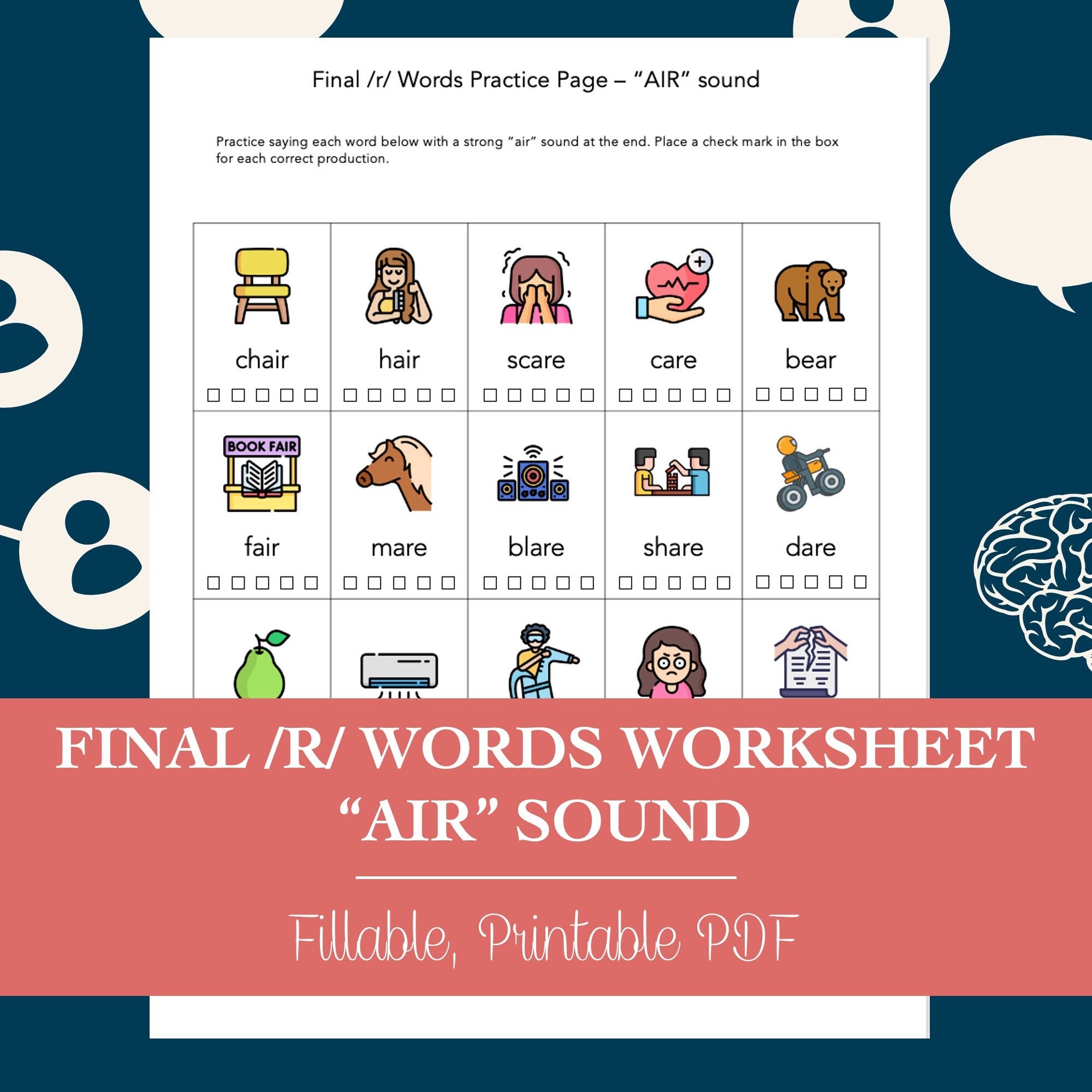 Final R Words AIR Sound Worksheet for Speech Therapy (editable ...