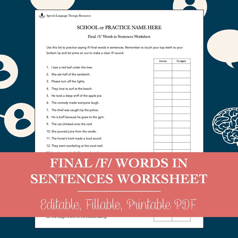 Final /F/ Words in Sentences Worksheet for Speech Therapy (printable ...